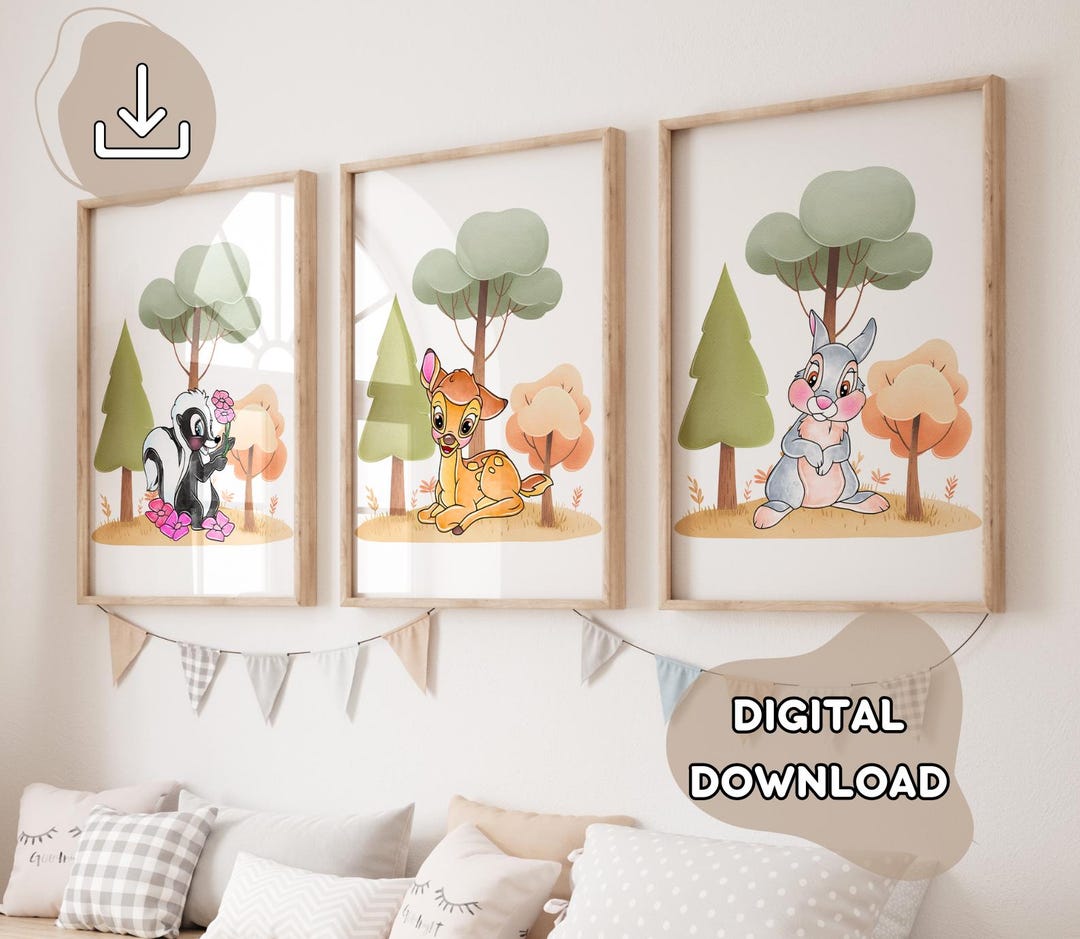 3 Drawing Boho Bambi Wall Art - Bambi Watercolor Prints, Thumper Poster ...
