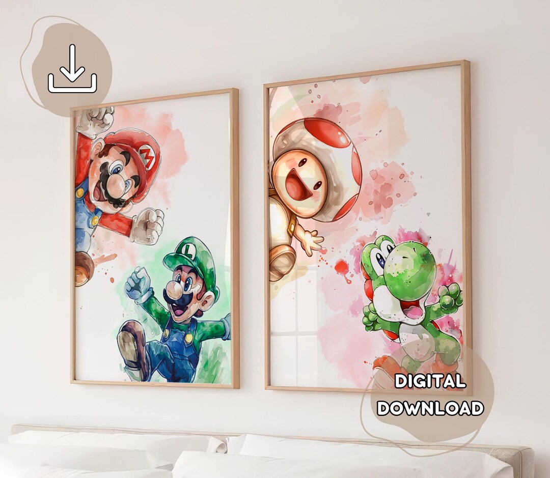 2 Drawing Super Mario Prints - Gift for Boys, Boys Room Decor, Hand ...
