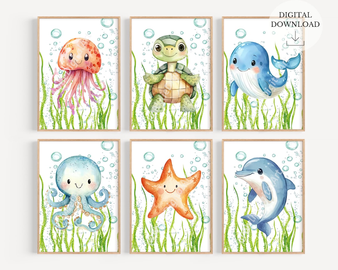 6 Nursery Ocean Animal Prints - Under the Sea, Sea Baby Animals Wall ...
