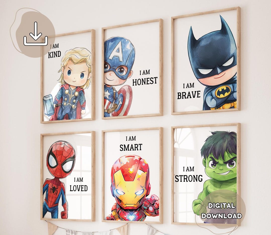 6 Nursery Superheroes Prints - Kids Affirmation Poster, Gift for Boys ...
