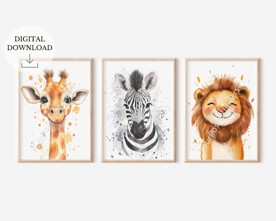 3 Watercolor Safari Posters - Drawing Cute Wall Art, Kids Room Decor ...