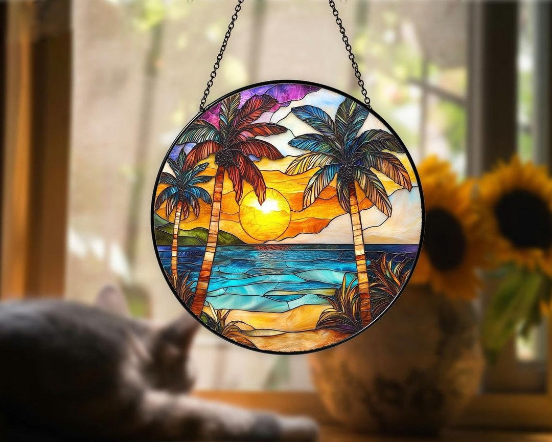Beach Sunset Stained Glass, Beach Glass Window Hangings, Beach Vibes ...