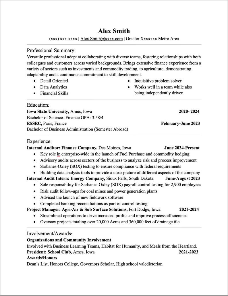 Resume Template for Business Professionals/students: Finance ...