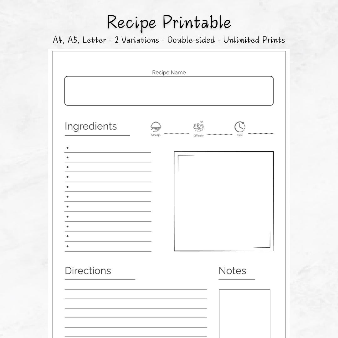 Recipe Book Print Digital Recipe Sheet Recipe Journal Food Meal Planner ...