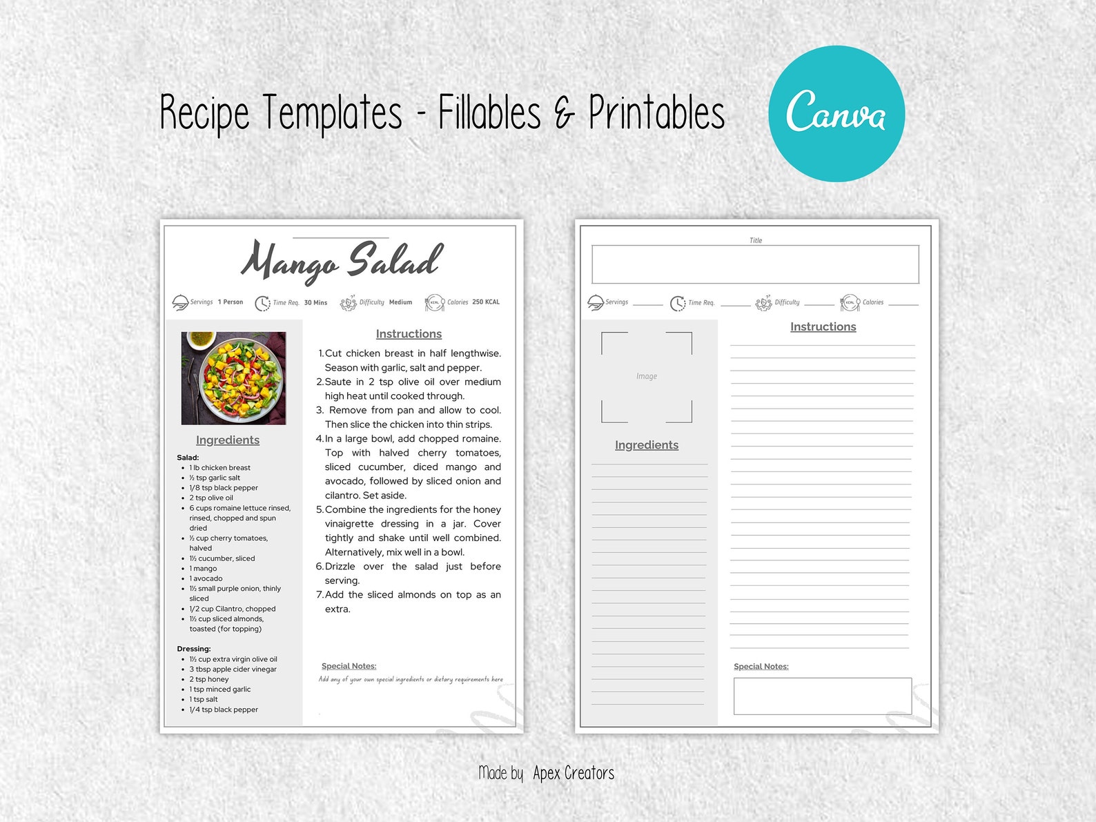 Recipe Book Template Digital Cookbook Planner Printable Recipe Card ...
