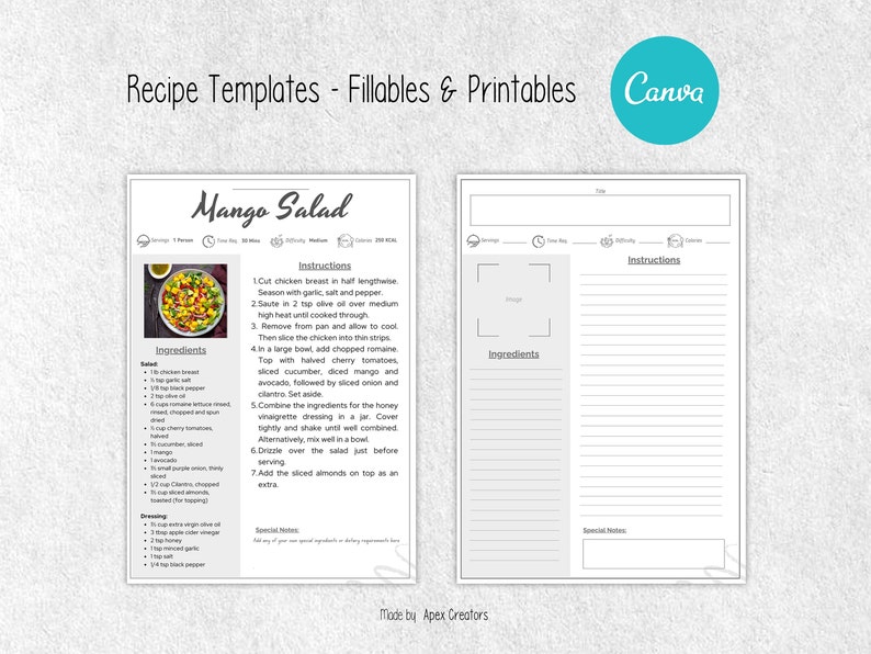 Recipe Book Template Digital Cookbook Planner Printable Recipe Card ...
