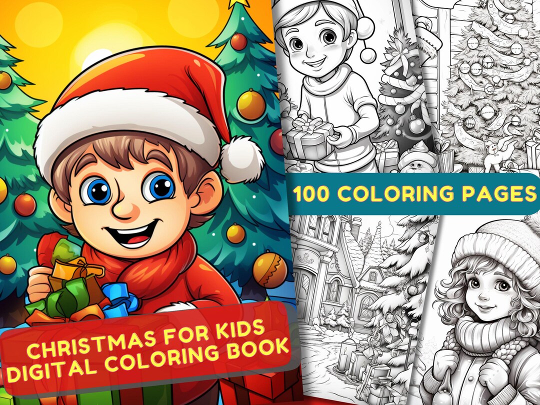 100 Christmas Coloring Pages for Kids: Grayscale Illustrations ...