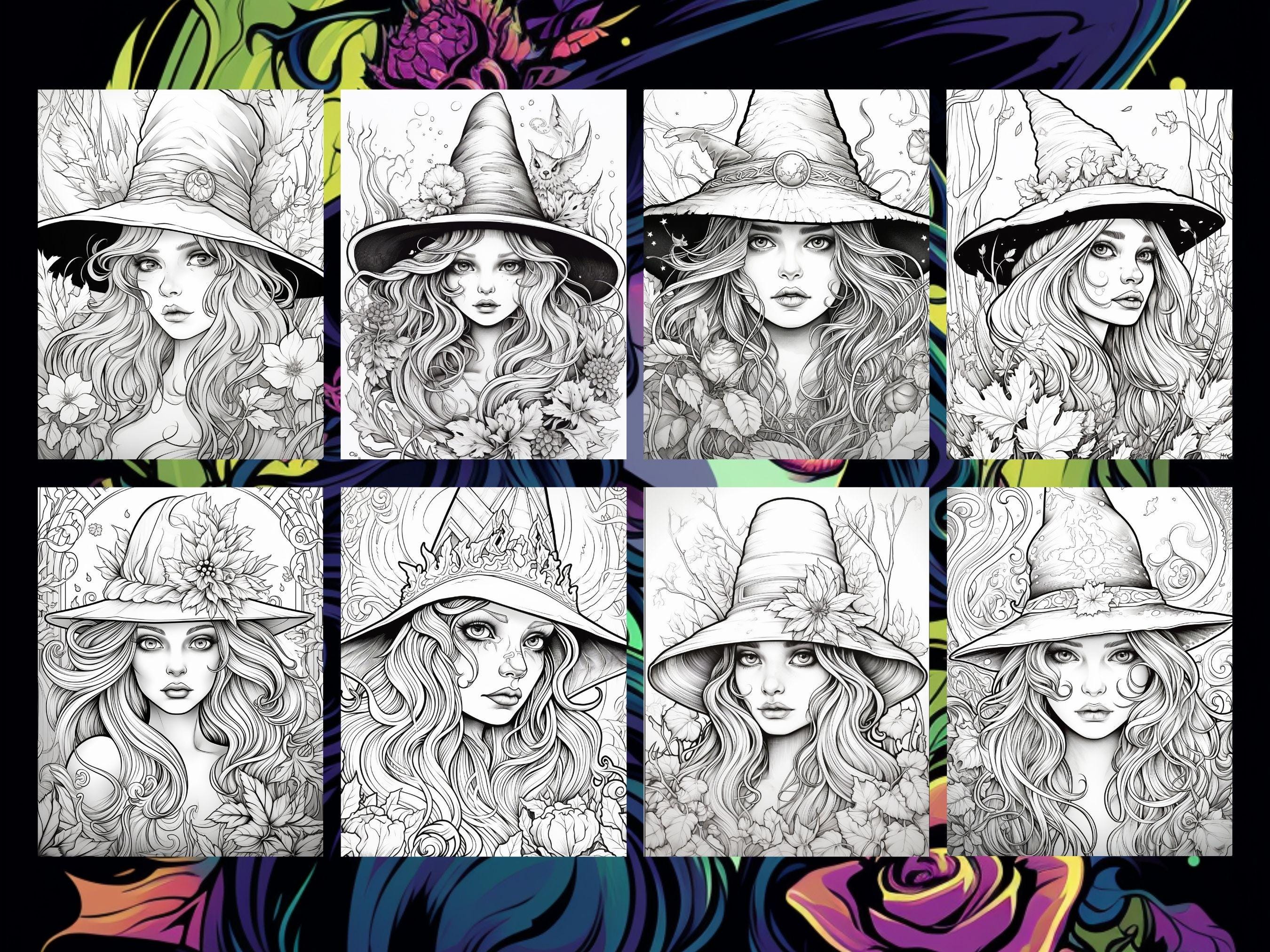 200 Grayscale Witch Coloring Pages: Fantasy Horror (printable PDF) - Etsy