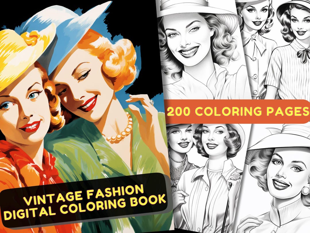 200 Vintage Fashion Coloring Book Volume 1, Printable PDF, Vintage ...