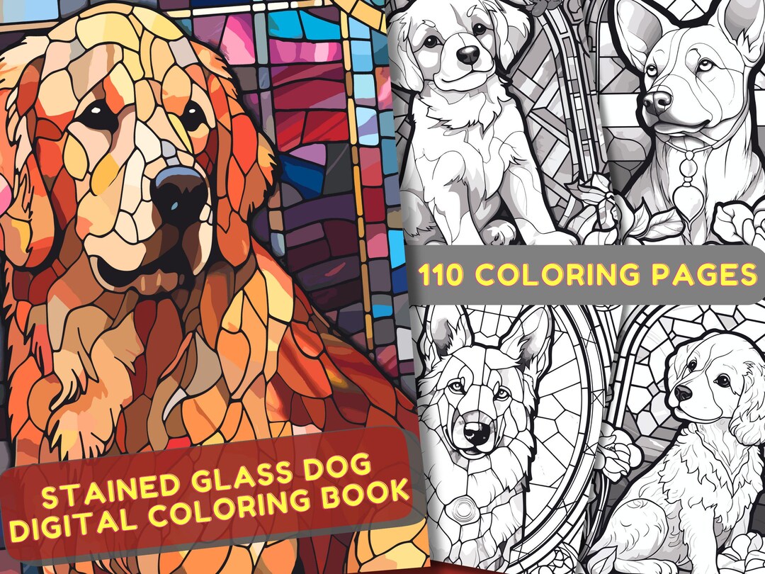 110 Stained Glass Dog Coloring Book, Printable PDF, Stained Glass ...