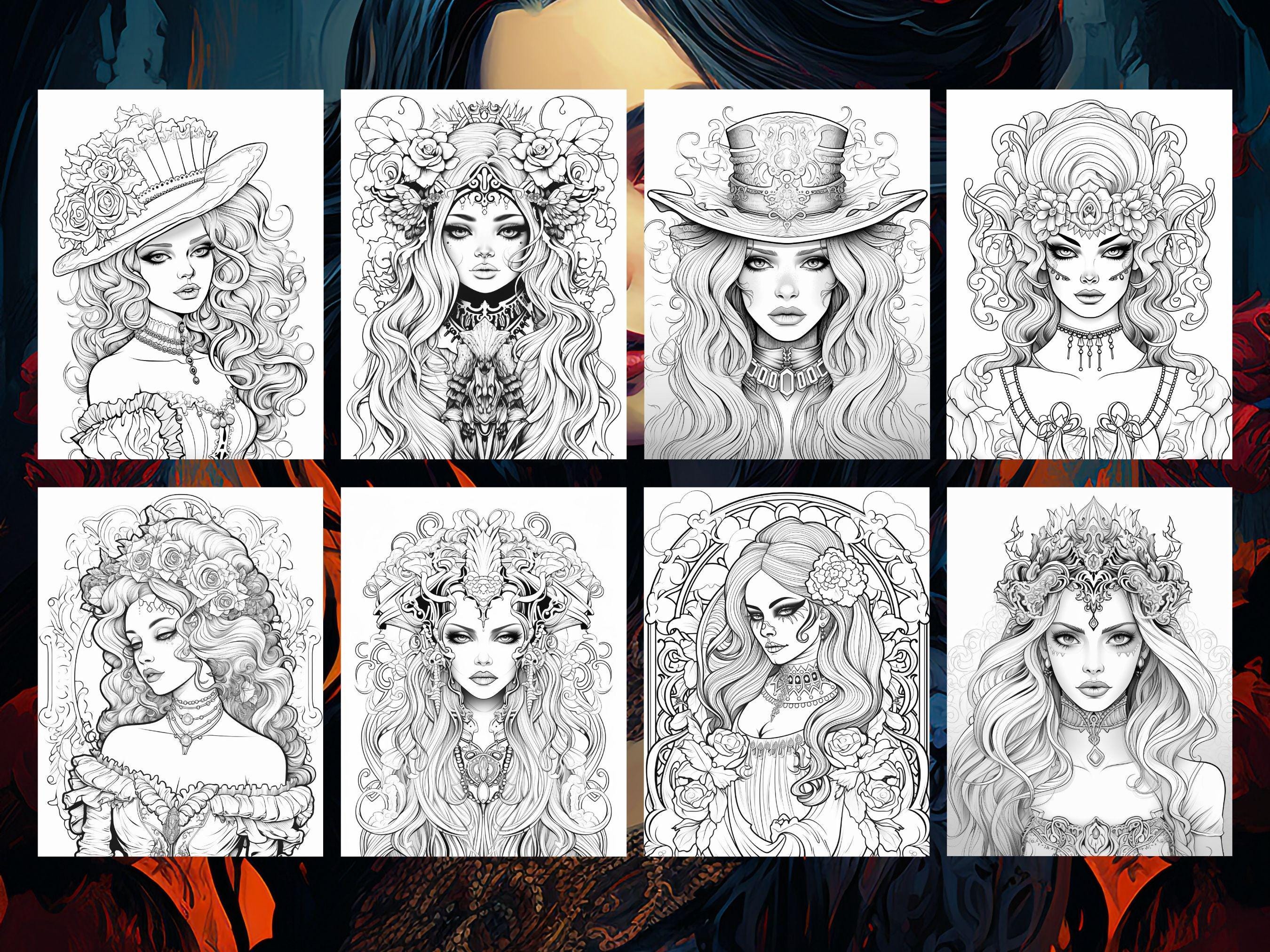 152 Spooky Gothic Women Coloring Book: Horror Halloween (printable PDF ...