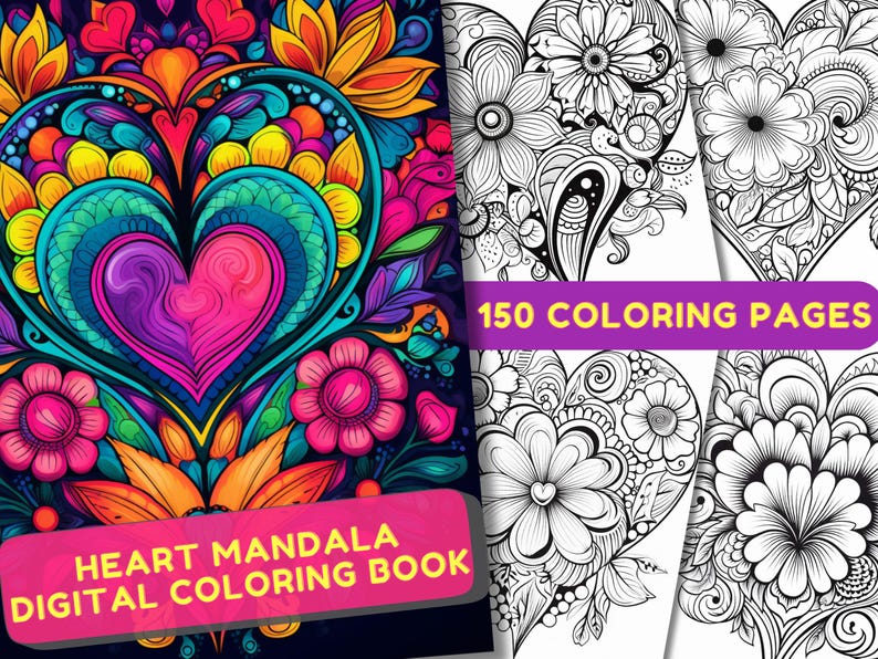 150 Heart Mandala Coloring Book, Printable PDF, Heart and Love Mandala ...