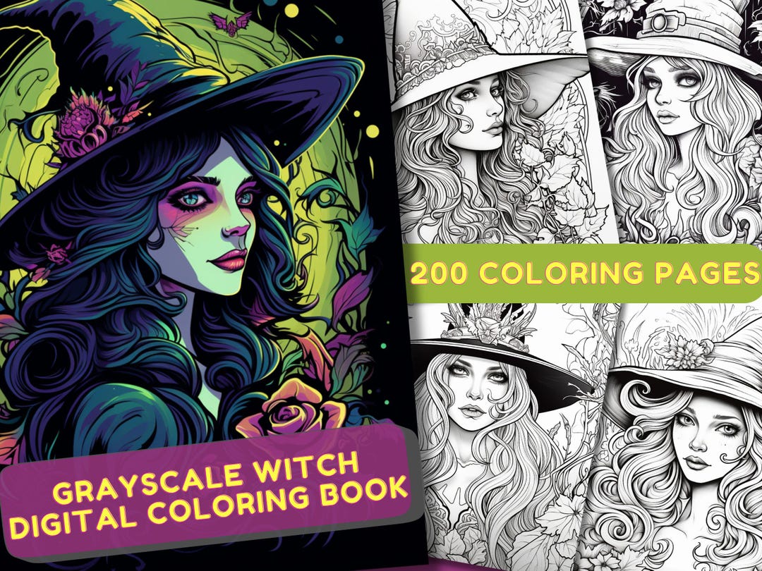 200 Grayscale Witch Coloring Pages: Fantasy Horror (printable PDF) - Etsy