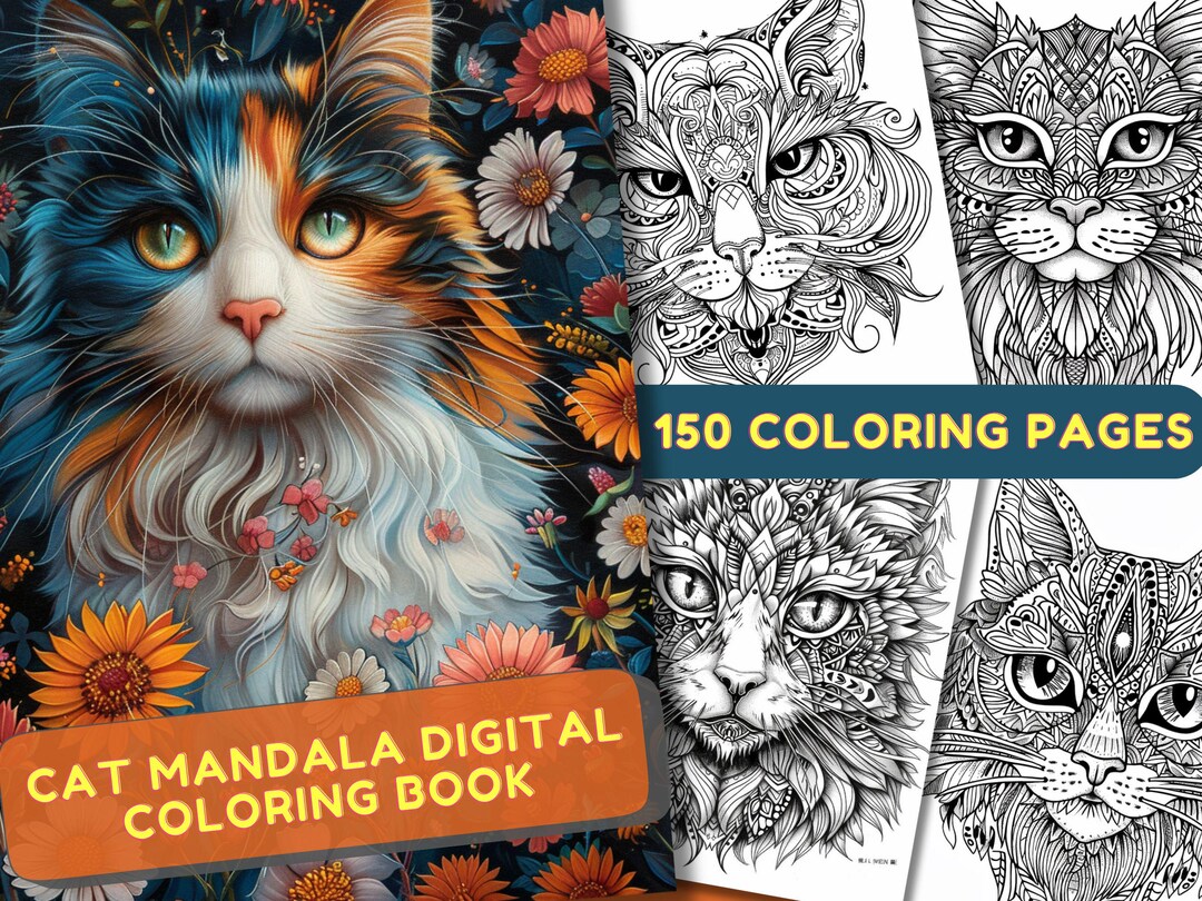 150 Cat Mandala Coloring Book, Printable PDF, Animal Mandala Coloring ...