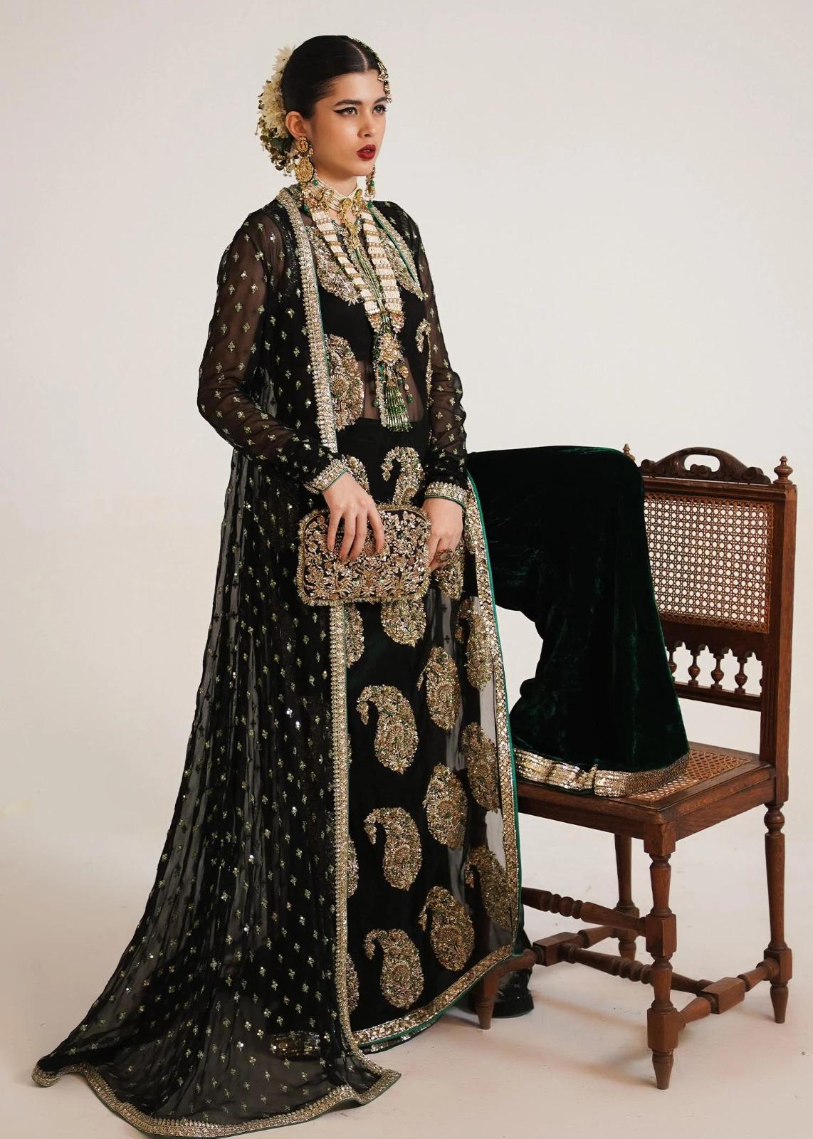 Embroidered Pakistani Wedding Dress: Chiffon Maxi Frock, Velvet Palazzo ...