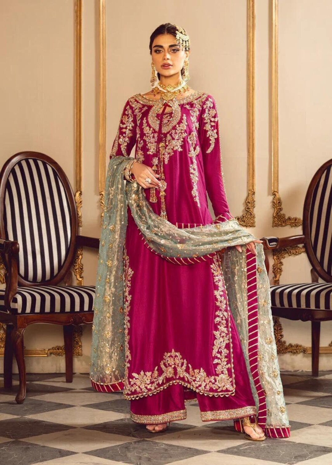 Pakistani Wedding Dress: Raw Silk Peshwas Sharara, Aqua Green Dupatta ...