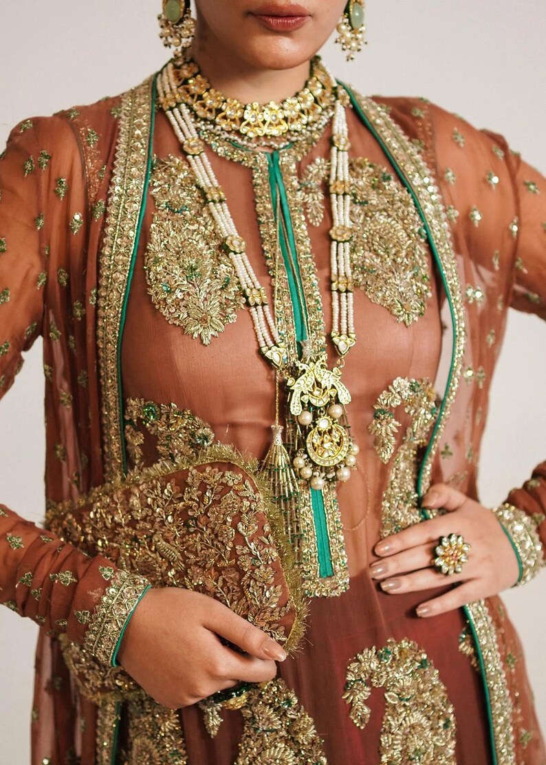 Embroidered Pakistani Wedding Dress: Rusty Brown Maxi Frock, Velvet ...