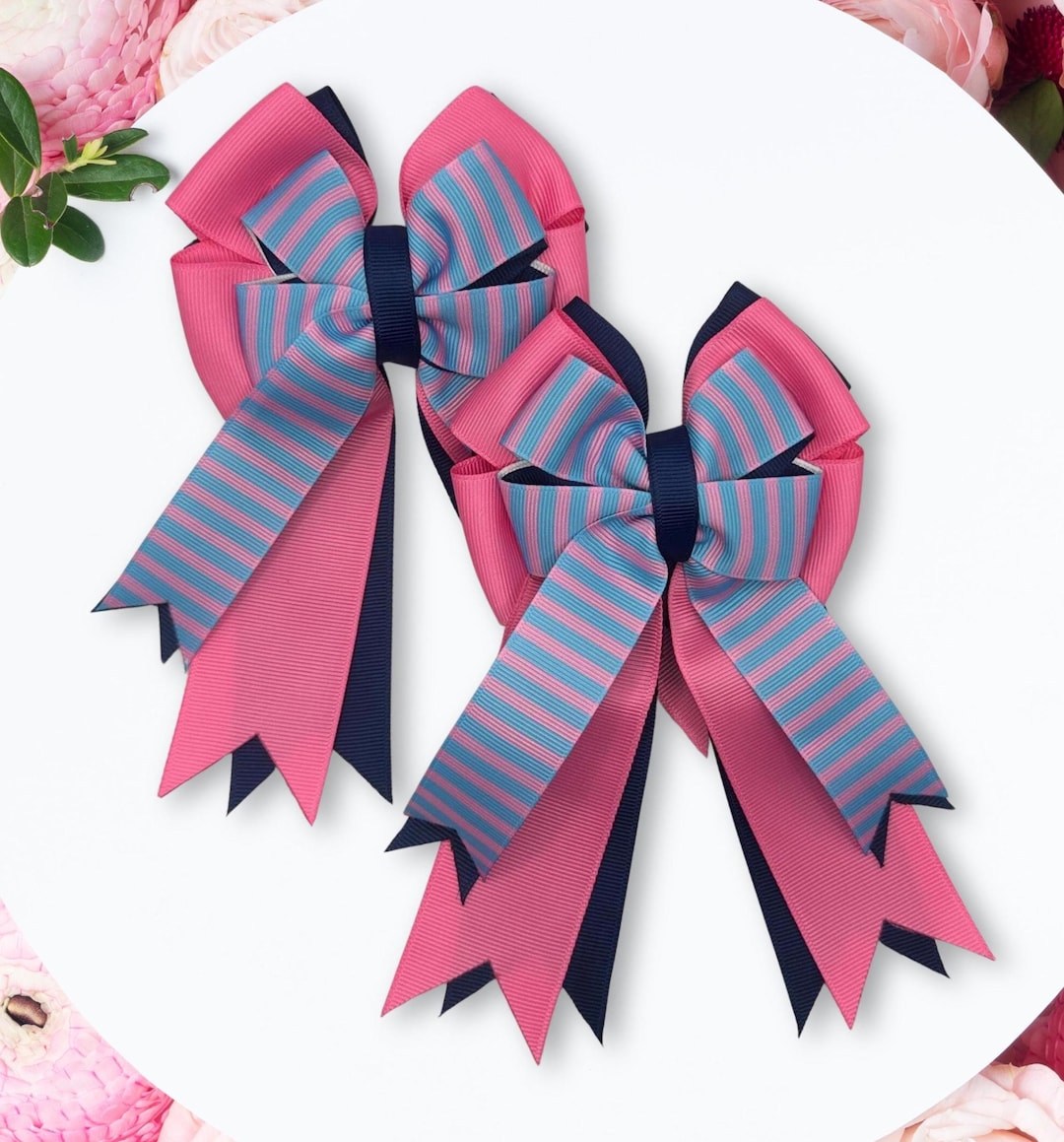 Navy & Pink Equestrian Pony Show Bows With Stripes – Perfect for Hunter ...