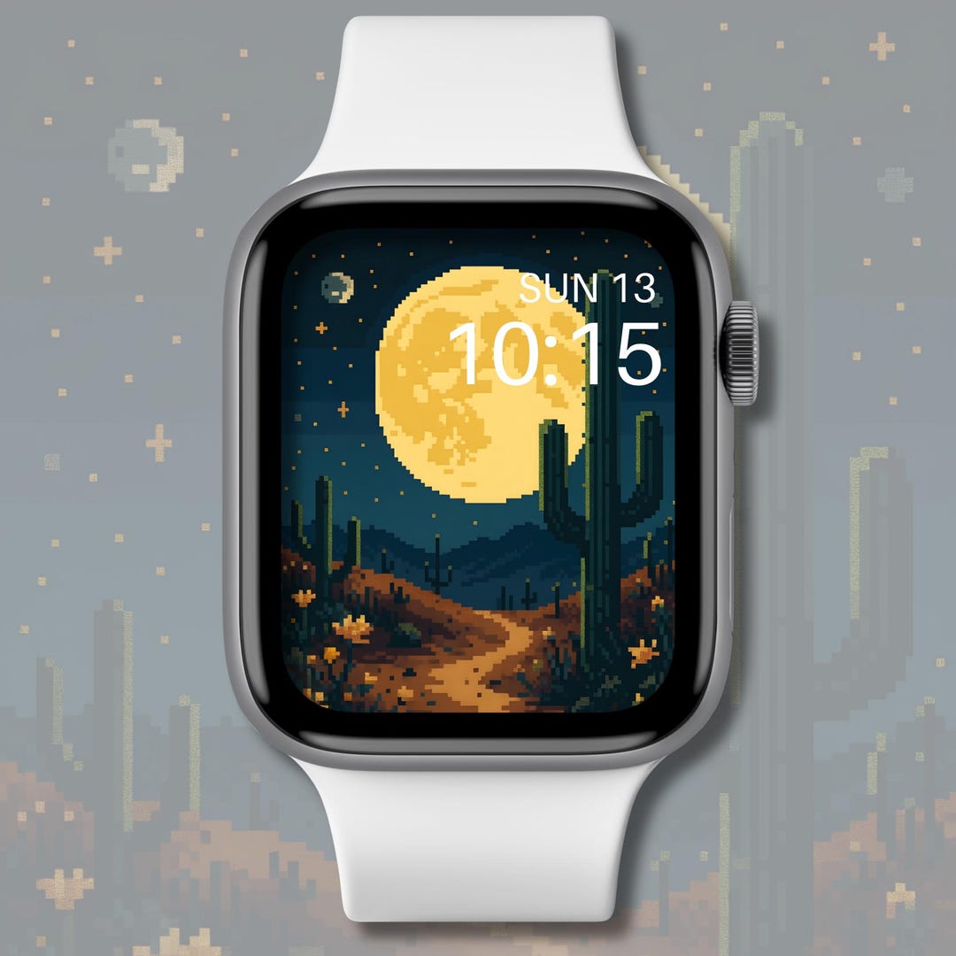 Pixel Desert Bloom Apple Watch Face: Cactus & Moonlight (digital ...