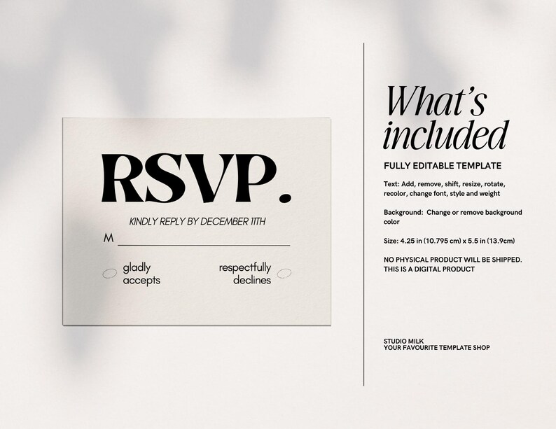 PRINTABLE RSVP CARD Template | Rsvp Invitation Insert, Rsvp Postcard ...