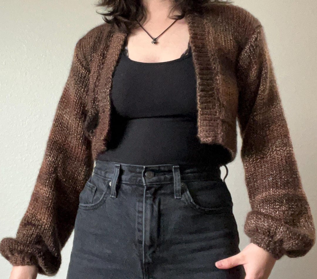Brown Cropped Cardigan With Puffy Sleeve - Etsy