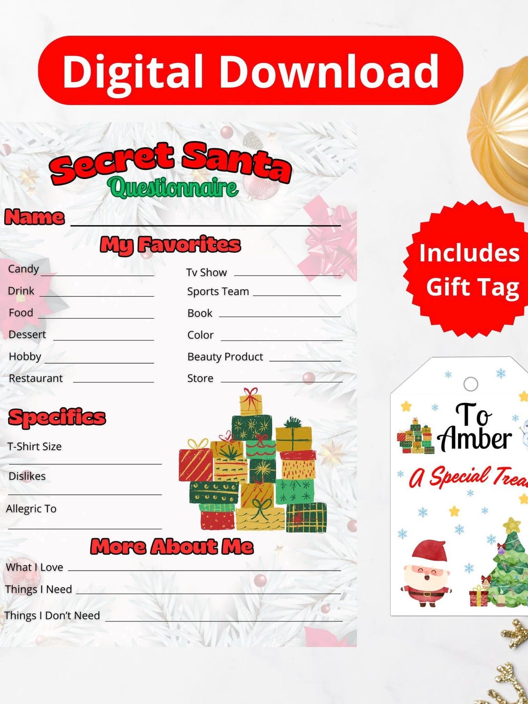 Secret Santa Questionnaire Wish List Printable Letter to Santa Holiday ...