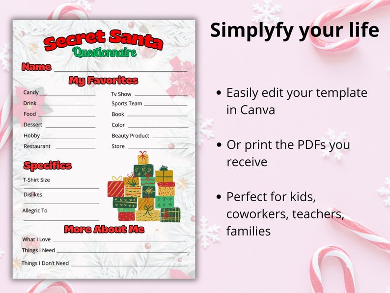 Secret Santa Questionnaire Wish List Printable Letter to Santa Holiday ...