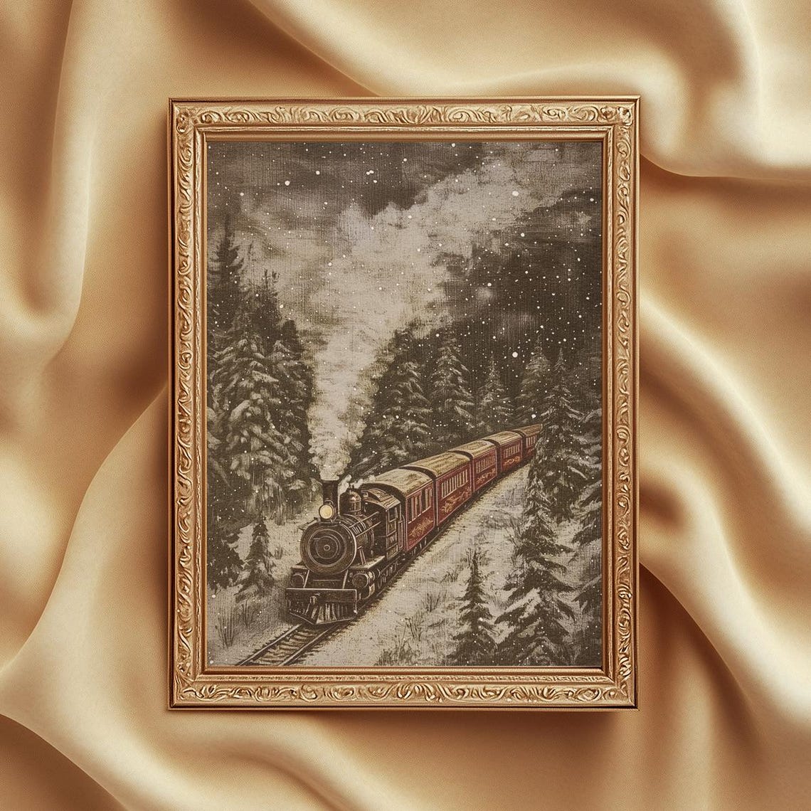 Vintage Christmas Train Art, Nostalgic Holiday Art, Antique Xmas Train ...