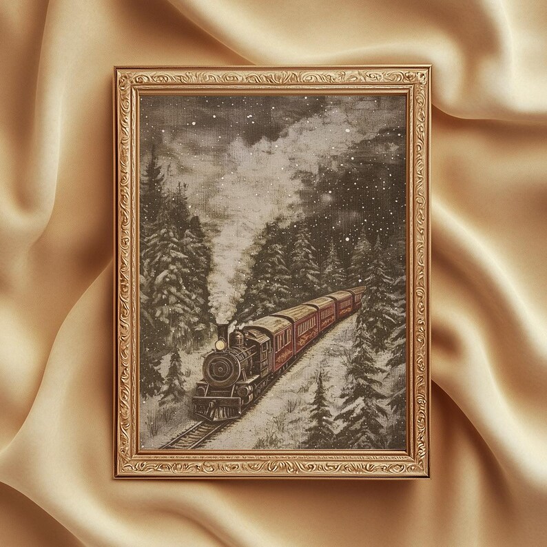 Vintage Christmas Train Art, Nostalgic Holiday Art, Antique Xmas Train ...