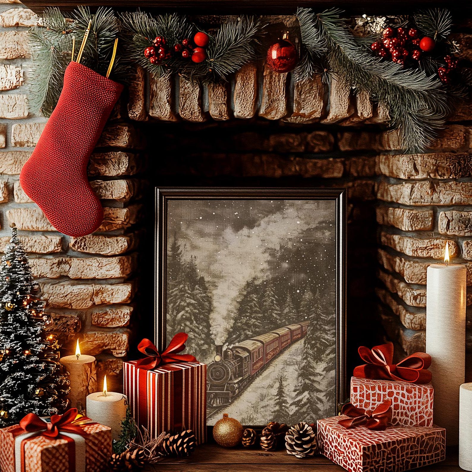 Vintage Christmas Train Art, Nostalgic Holiday Art, Antique Xmas Train ...