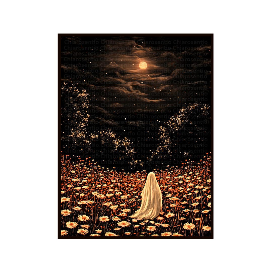 Ghost Looking at Moon Above the Wildflowers Mystical Midnight Enchanted ...