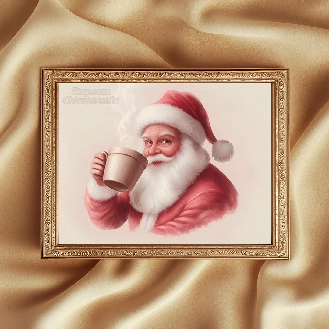 Santa Claus Drinking Coffee Wall Art, Rustic Christmas Drink Print ...