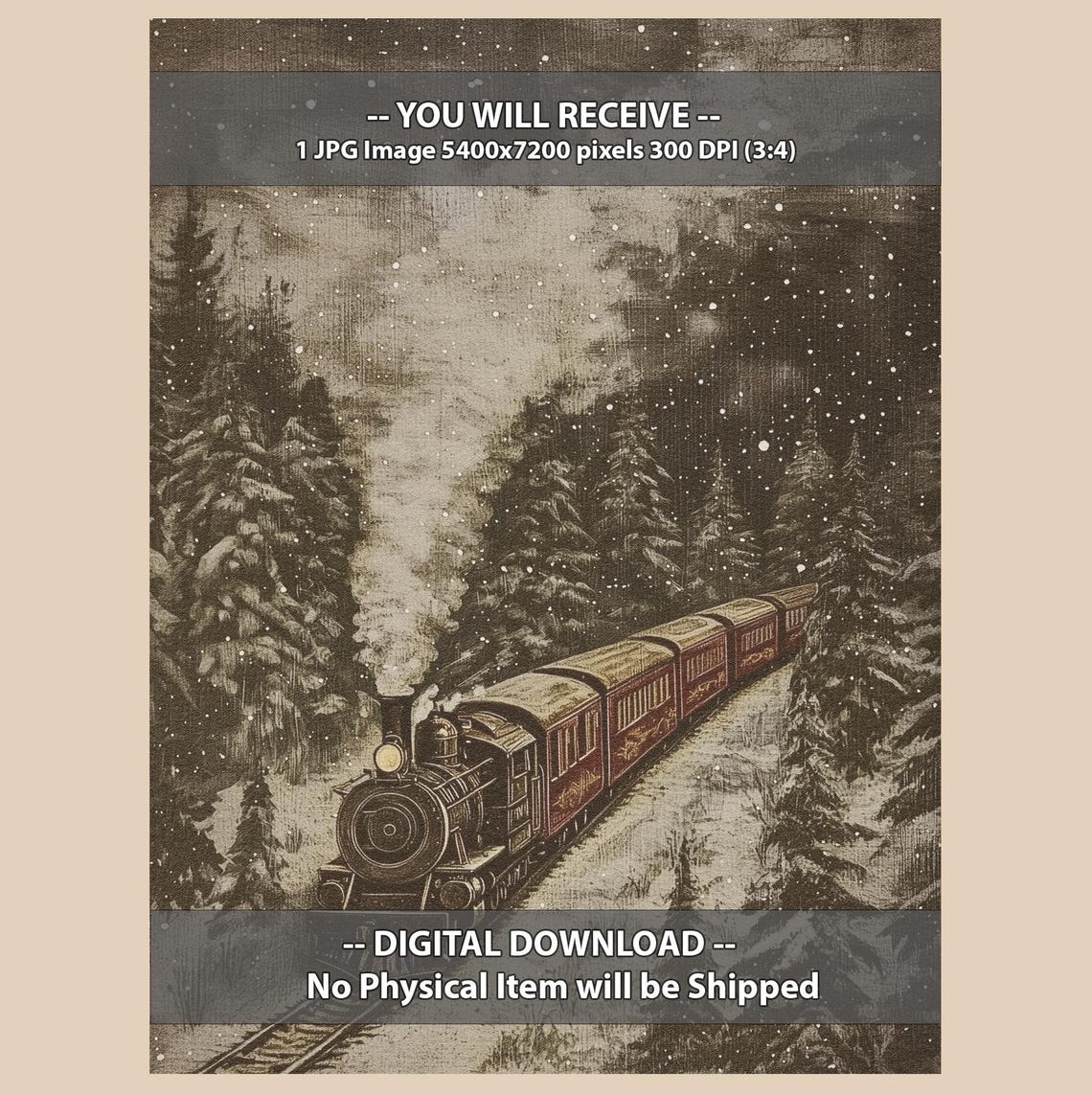 Vintage Christmas Train Art, Nostalgic Holiday Art, Antique Xmas Train ...