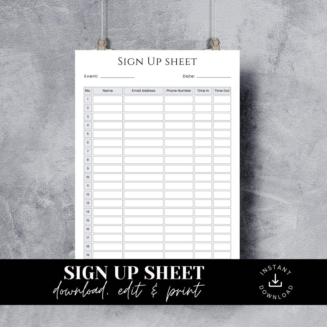 Editable Sign up Sheet, Printable Single Sign up Form, Minimalist Sign ...