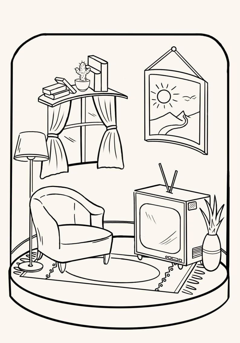 Printable Colouring Page - Cosy Living Room Scene, Cute Colouring for ...