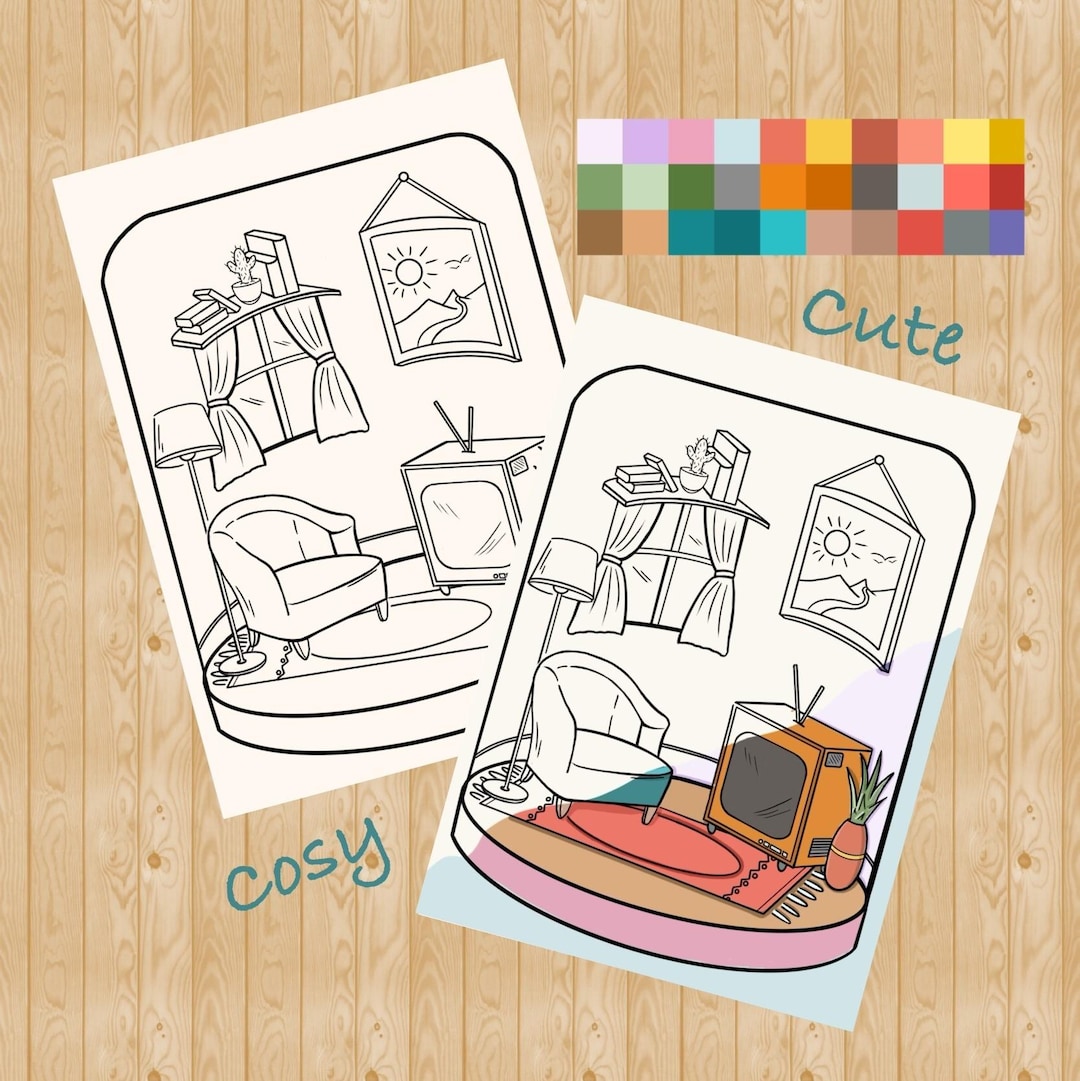 Printable Colouring Page - Cosy Living Room Scene, Cute Colouring for ...