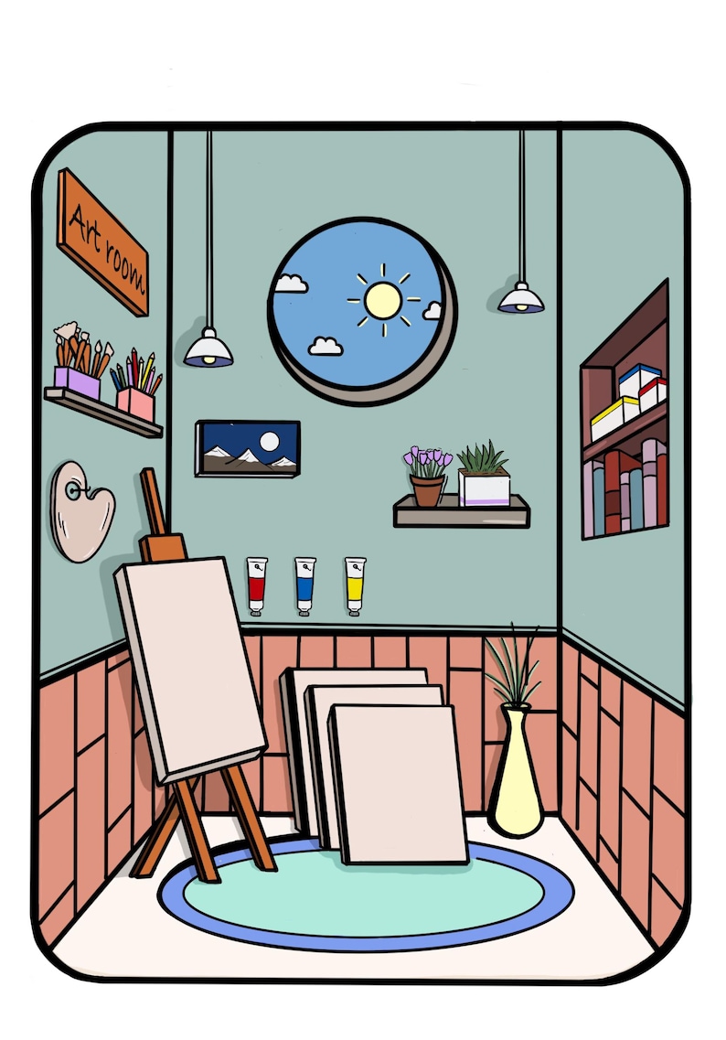 Printable Colouring Page - Stylish Art Room Scene, Perfect Colouring ...