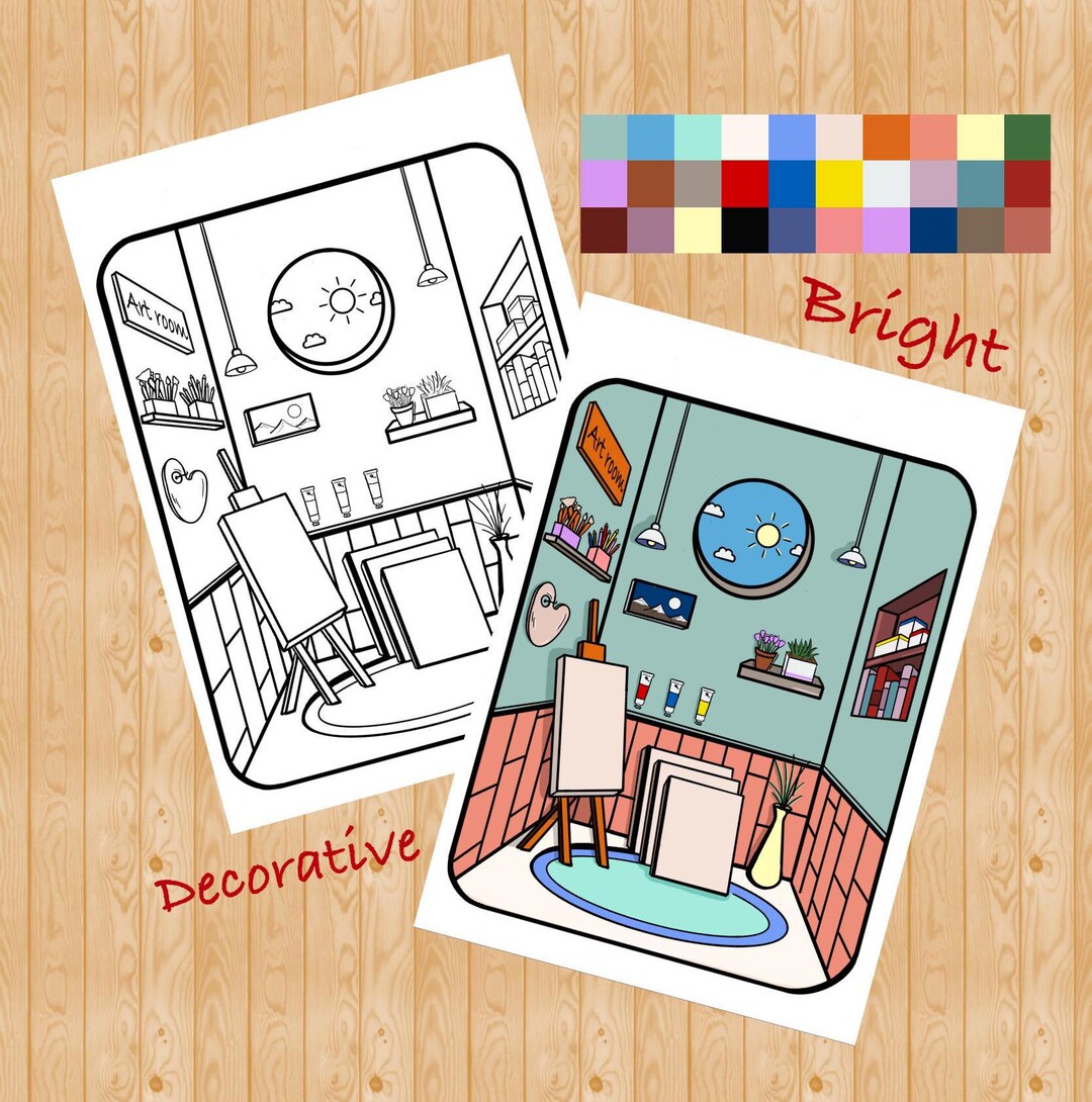 Printable Colouring Page - Stylish Art Room Scene, Perfect Colouring ...