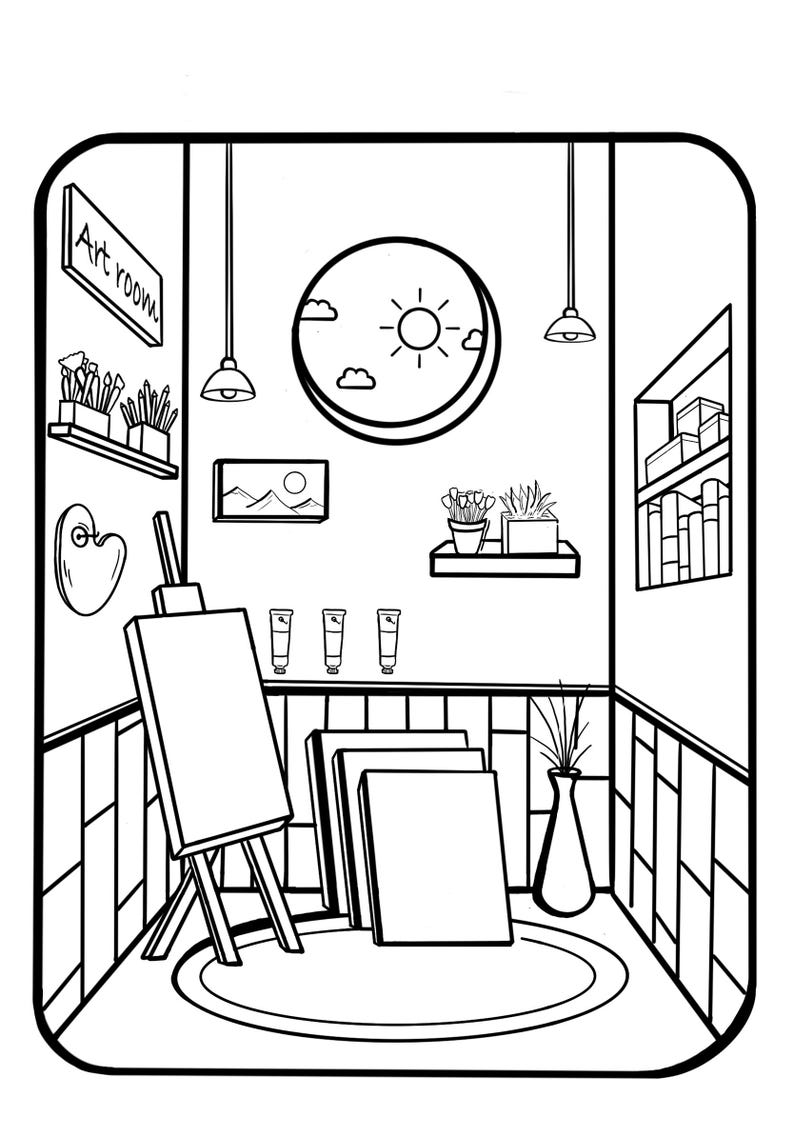 Printable Colouring Page Stylish Art Room Scene, Perfect Colouring for ...