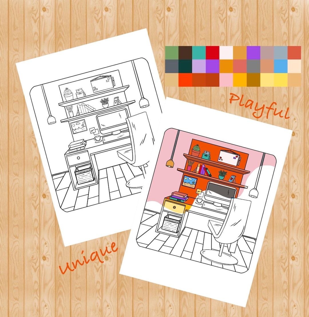 Printable Colouring Page - Decorative Study Room Scene, Enjoyable ...