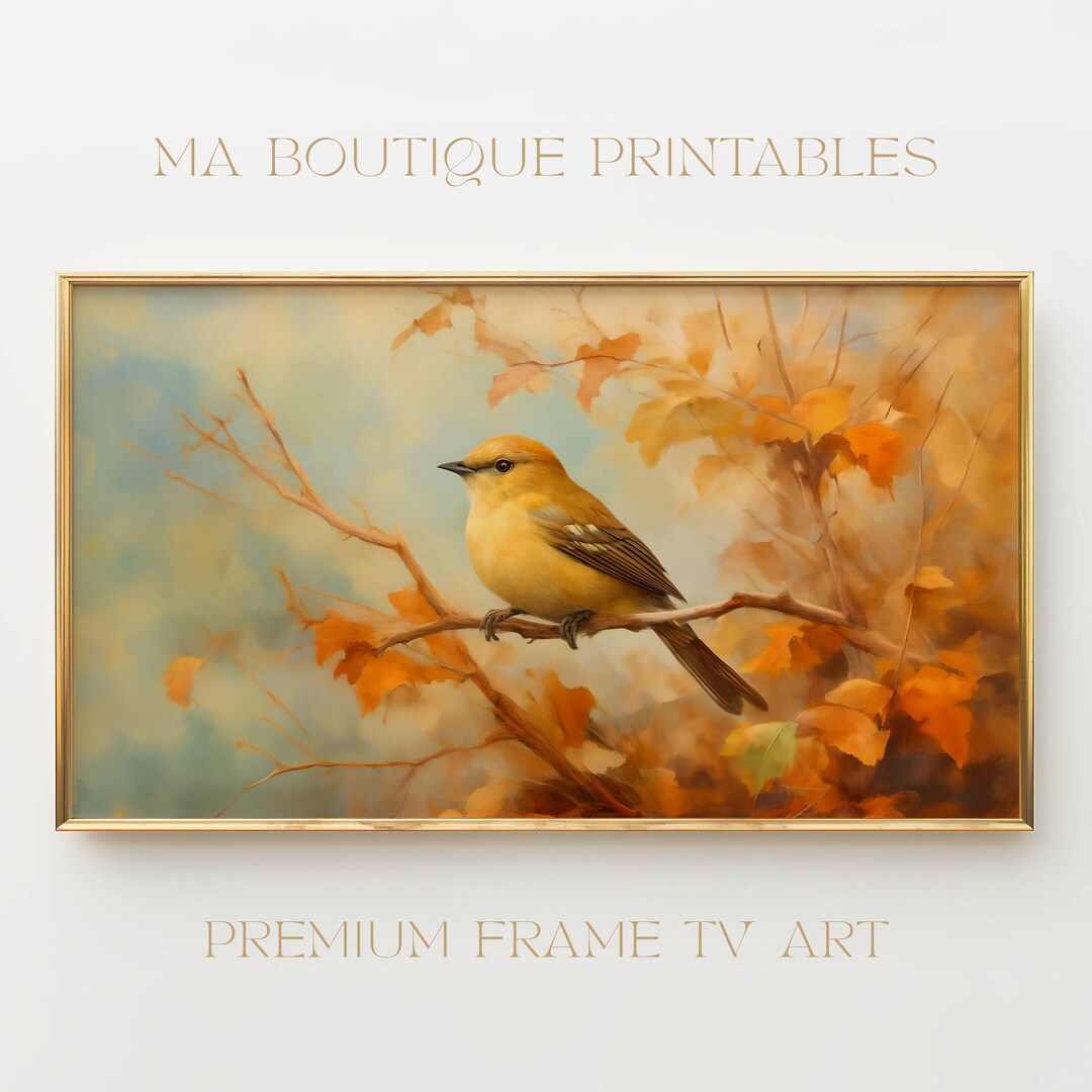 Autumn Nature Frame TV Art, Yellow Bird on Fall Branch, Vintage Oil ...