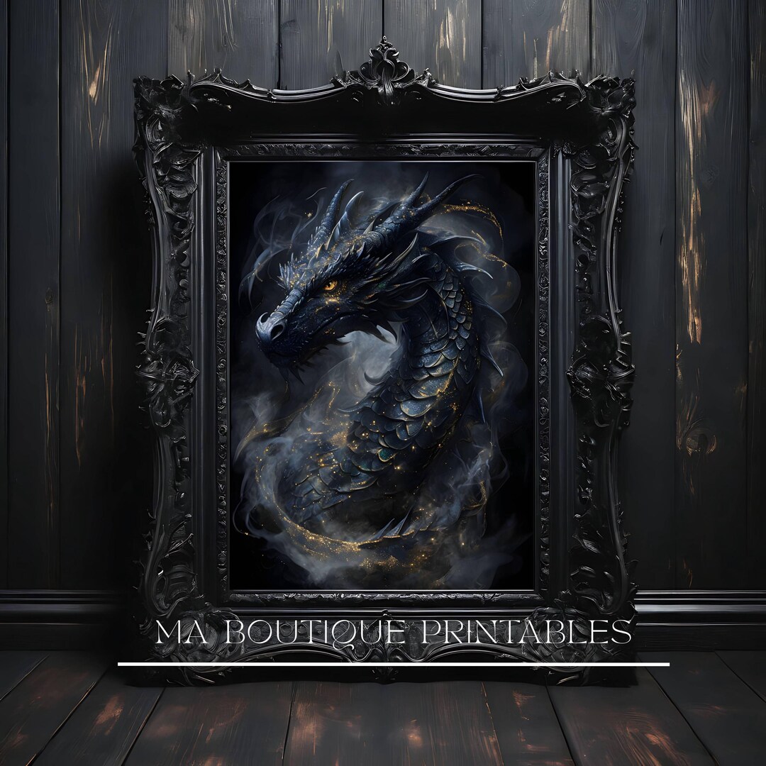 Halloween Dragon Wall Art Digital Download, Mystical Black and Gold ...