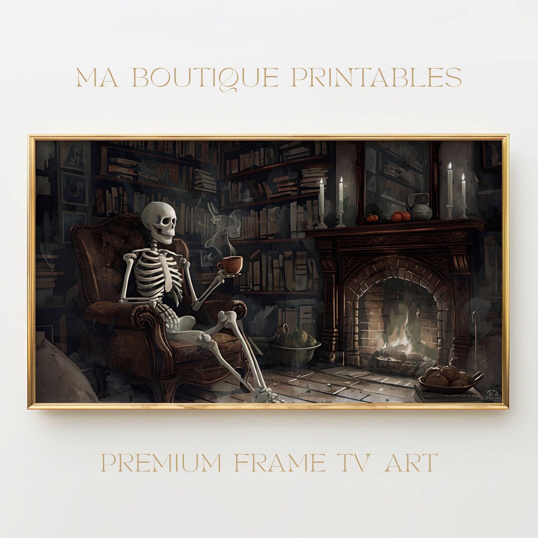 Skeleton Halloween Frame TV Art, Cozy Fireplace Screensaver, Funny ...