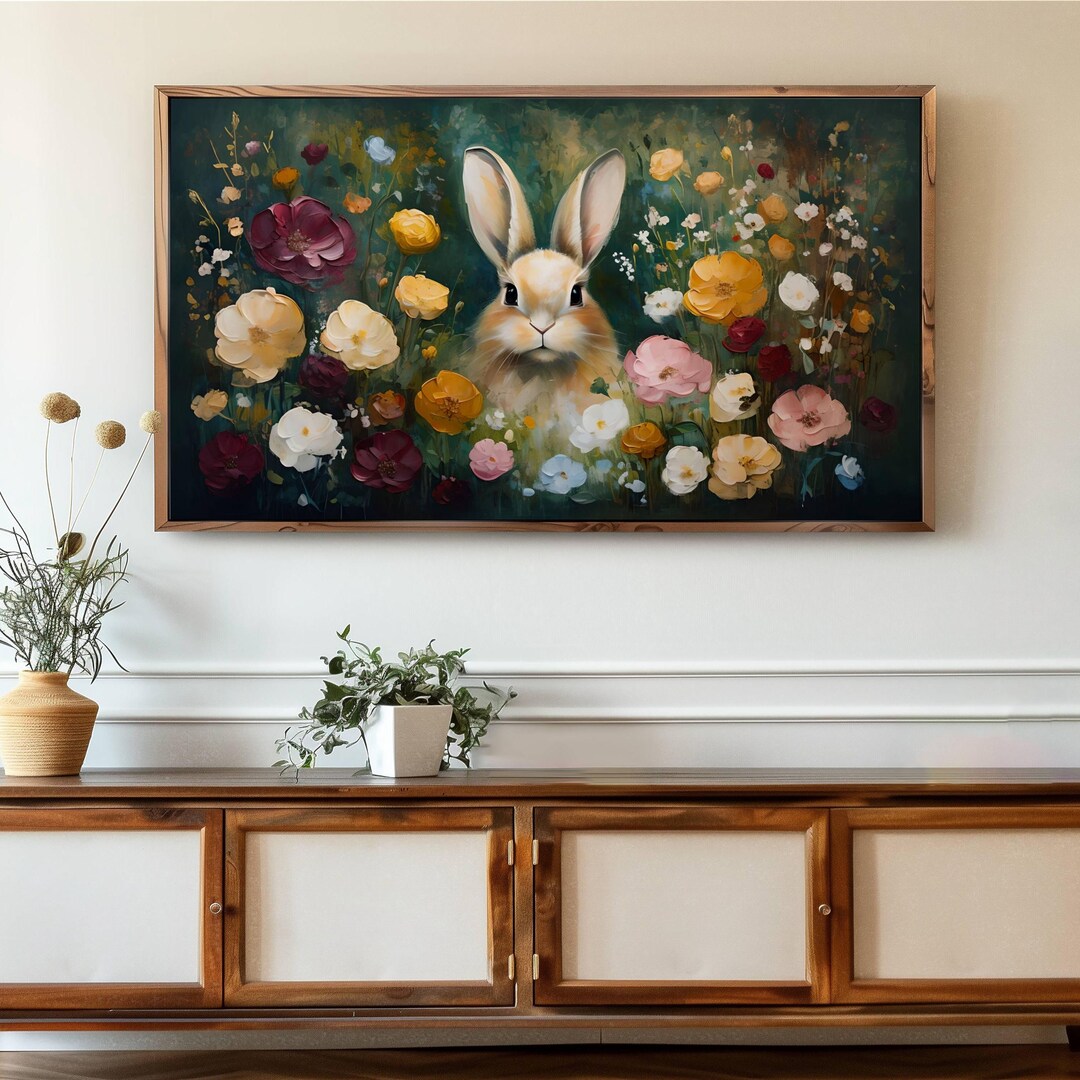 Easter Bunny Frame TV Art - Cottagecore Rabbit in Wildflowers, Spring ...