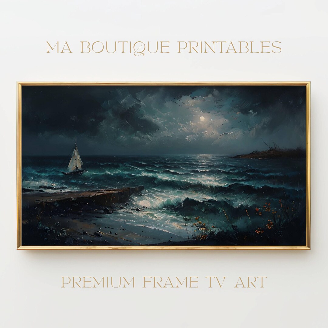 Moody Ocean Frame TV Art, Dark Seascape Painting, Stormy Ocean Waves ...