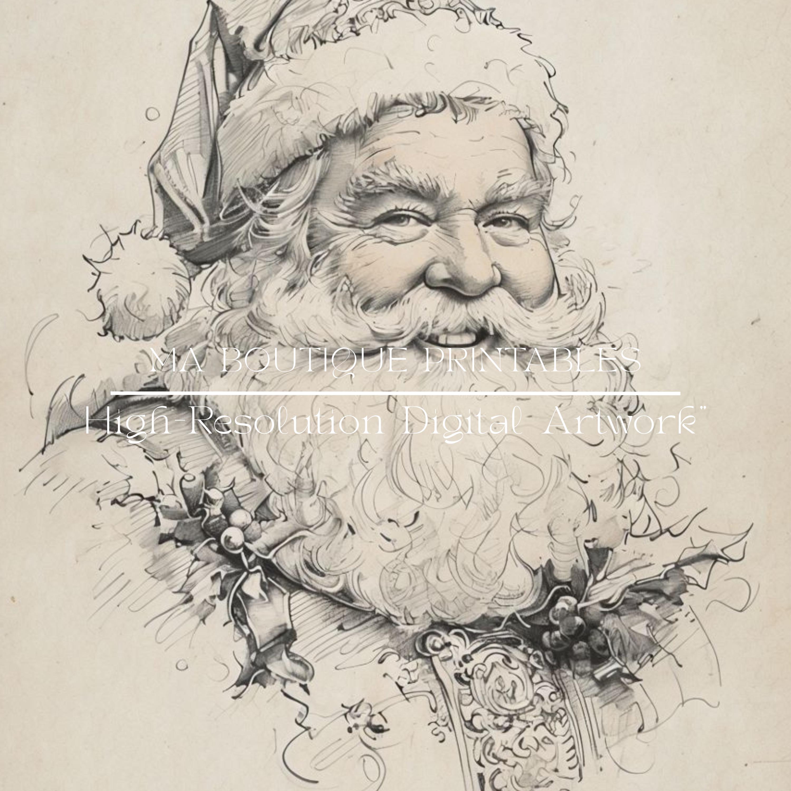 Christmas Portrait Drawing Wall Art, Vintage Santa Claus Sketch, Rustic ...