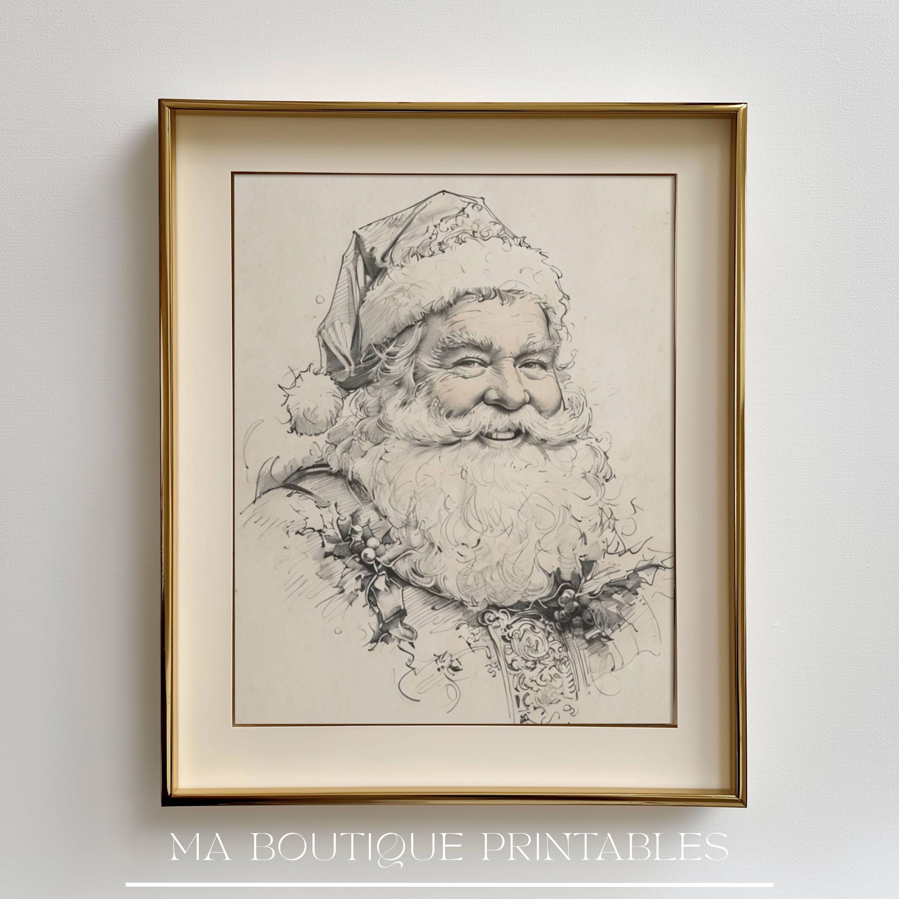 Christmas Portrait Drawing Wall Art, Vintage Santa Claus Sketch, Rustic ...