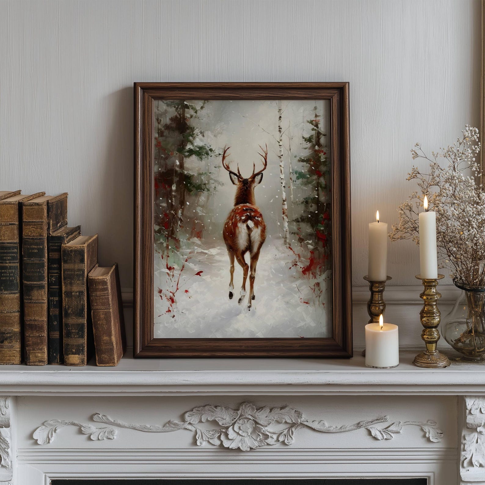 Christmas Rudolph Painting Wall Art, Vintage Reindeer Woodland Winter ...