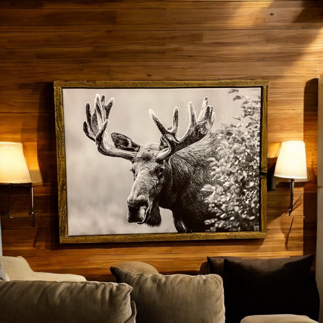 Handcrafted Reclaimed Wood Framed Moose Canvas Print, Rustic Moose ...