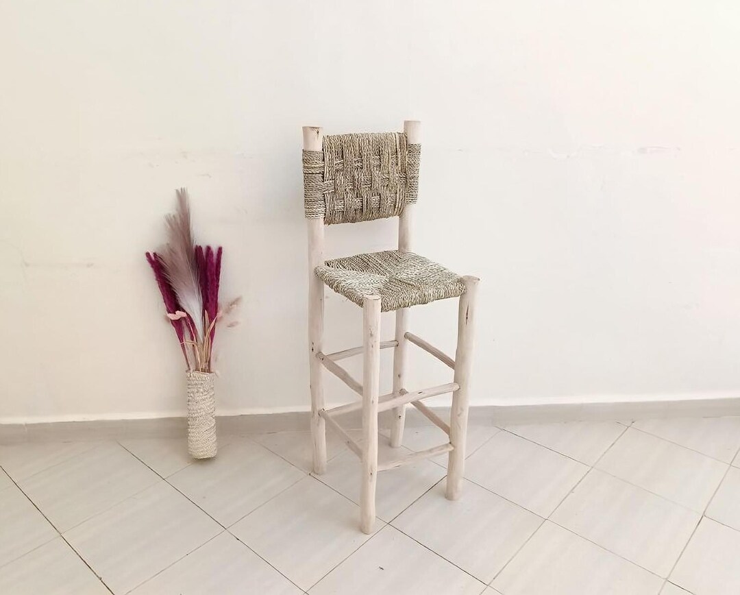 Handcrafted Moroccan Bar Stool With Palm Leaf Cord – Rustic Boho ...